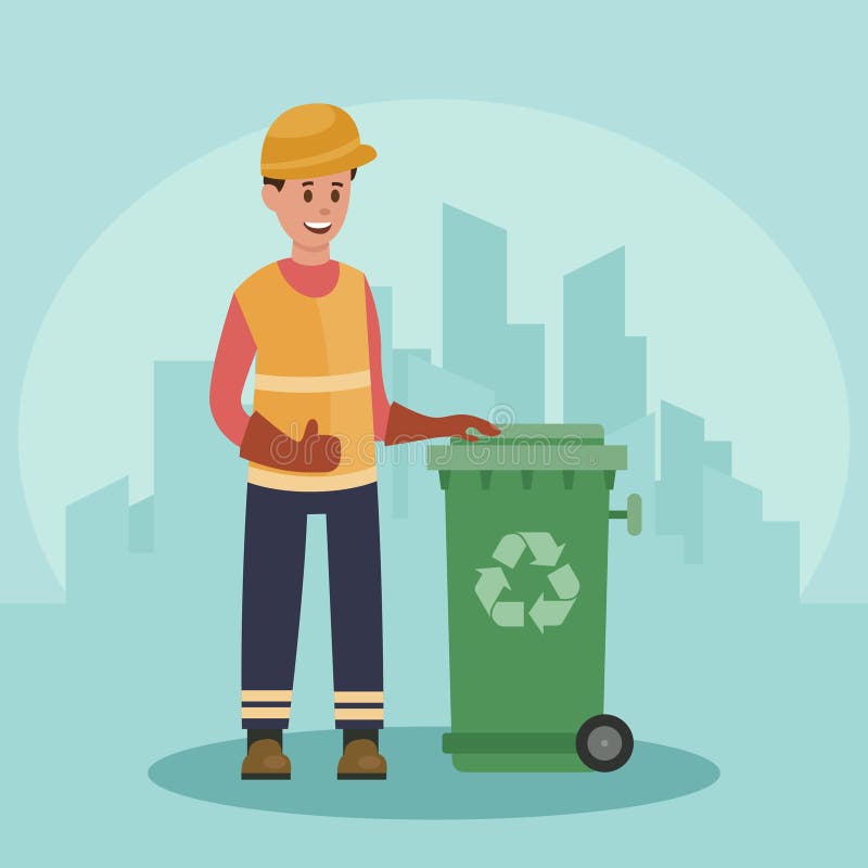 Garbage Man with Trash Container. Recycling Concept. City Background ...