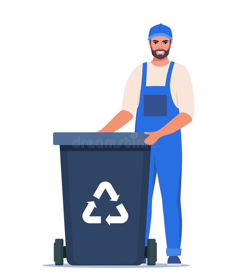 Garbage Man in Uniform with Green Trash Bin and Recycling Symbol on it ...