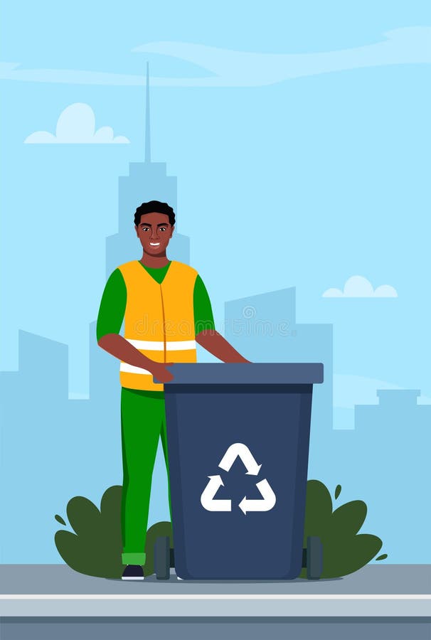 Garbage Man in Uniform with Black Trash Bin and Recycling Symbol on it ...