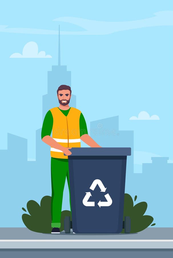 Garbage Man in Uniform with Black Trash Bin and Recycling Symbol on it ...