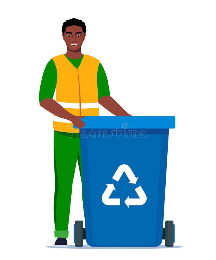 Garbage Man in Uniform with Blue Trash Bin and Recycling Symbol on it ...