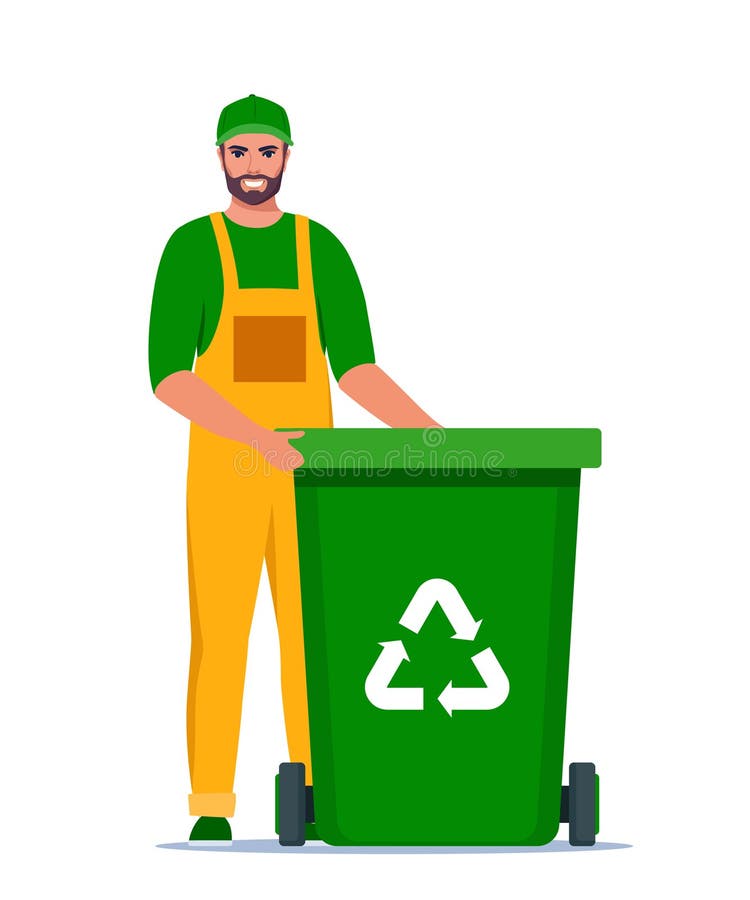 Garbage Man in Uniform with Green Trash Bin and Recycling Symbol on it ...