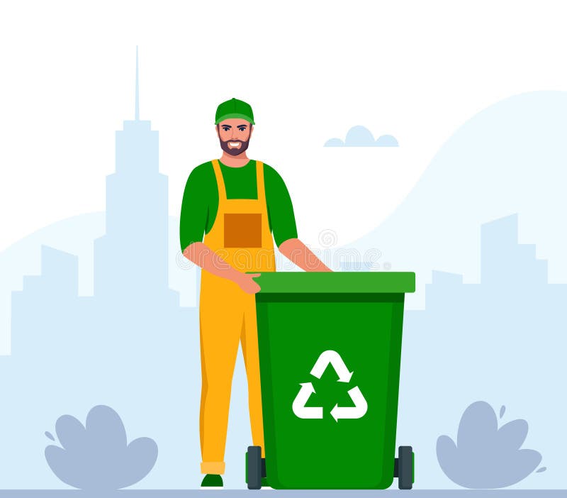 Garbage Man in Uniform with Green Trash Bin and Recycling Symbol on it ...