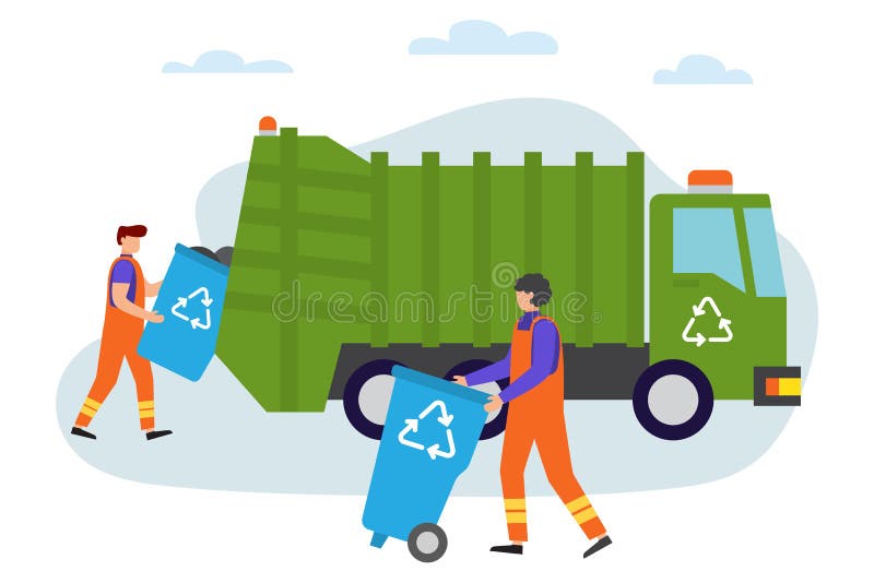 Garbage Man at Work. Lorry for Urban Waste Removal Service Stock Vector ...
