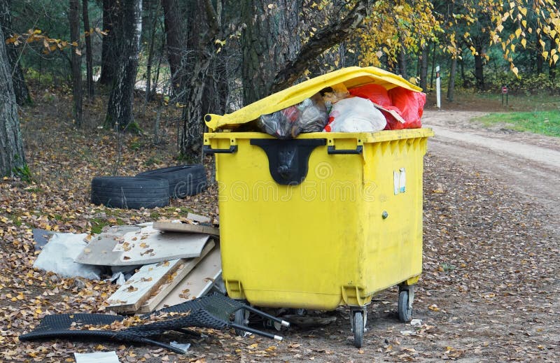 Garbage Overflowing Container in a Autumn Forest Stock Photo - Image of ...