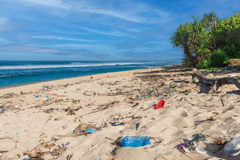 Garbage Pollution on Ocean Sandy Beach in Bali Island Stock Photo ...