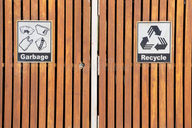 Garbage and Recycle Signs on Wooden Doors Stock Photo - Image of ...