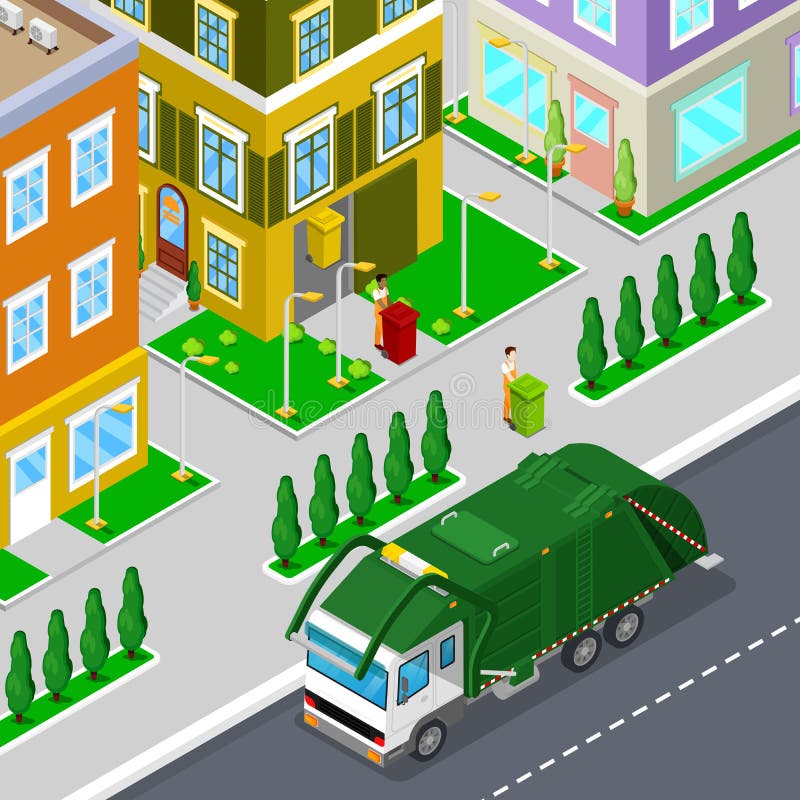 Garbage Removal with Isometric People and City Garbage Truck Stock ...