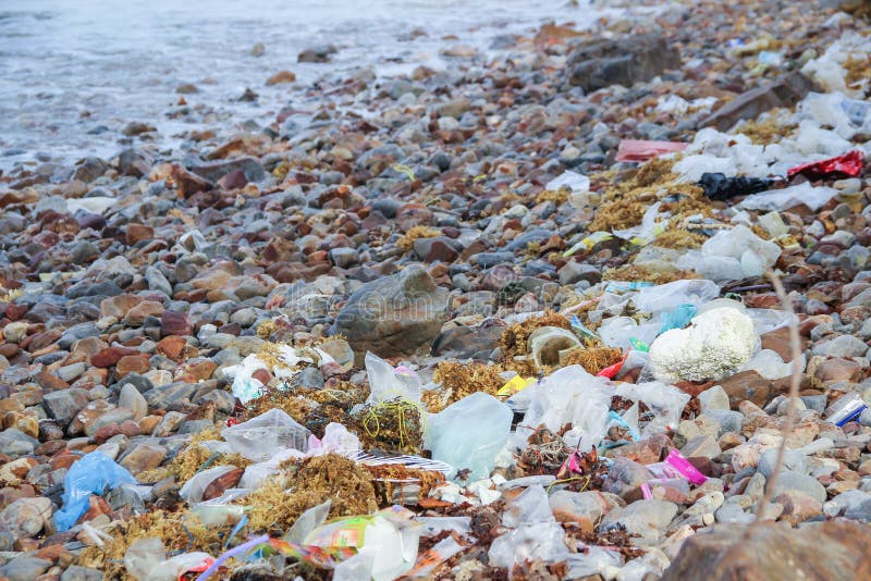 Garbage on the rock shore stock photo. Image of problem - 90080294
