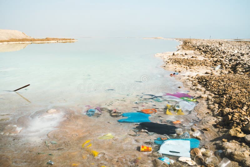 Garbage in Salt Water on the Shore of Dead Sea. Pollution of Natural ...