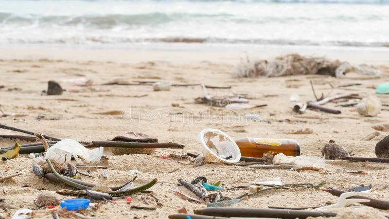 Garbage on sand beach stock photo. Image of scrap, waste - 187481034