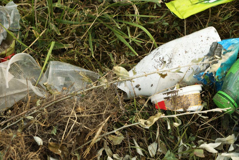 Garbage Scattered on Grass. Environment Pollution Problem Stock Photo ...