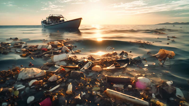 Garbage in the Sea at Sunset. Concept of Environmental Pollution, Pile ...