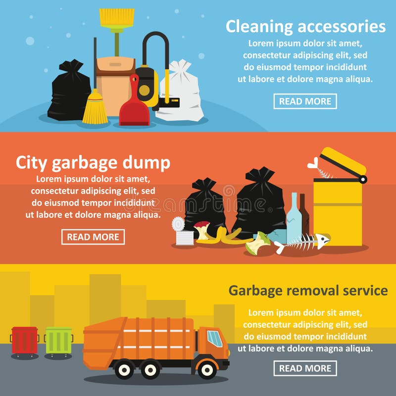 Garbage Service Banner Horizontal Set, Flat Style Stock Vector ...