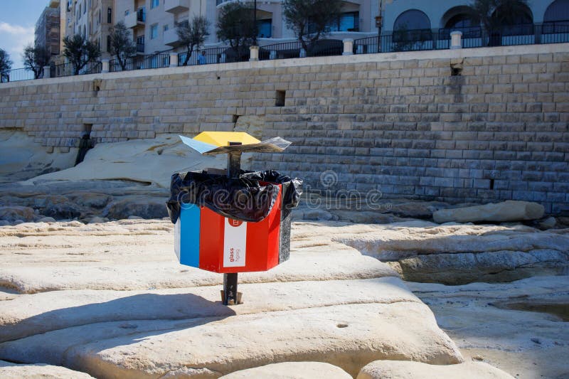 Garbage Sorting Can on Fond Ghadir Beach on Malta Stock Image - Image ...