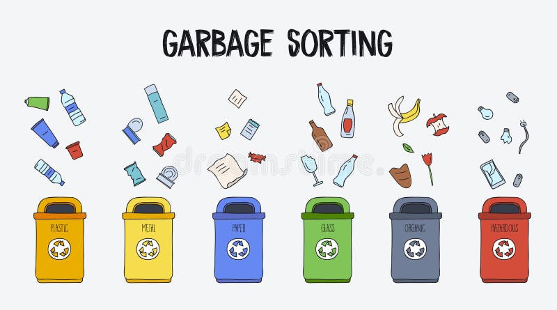 Garbage Sorting Concept. Trash Cans with Different Types of Garbage ... Garbage Sorting Concept. Trash Cans with Different Types of Garbage ...