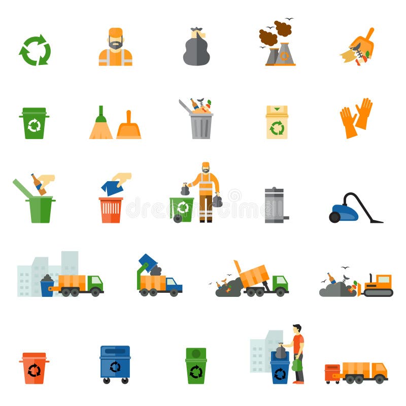 Garbage and Trash Flat Icons Set Stock Vector - Illustration of dustpan ...