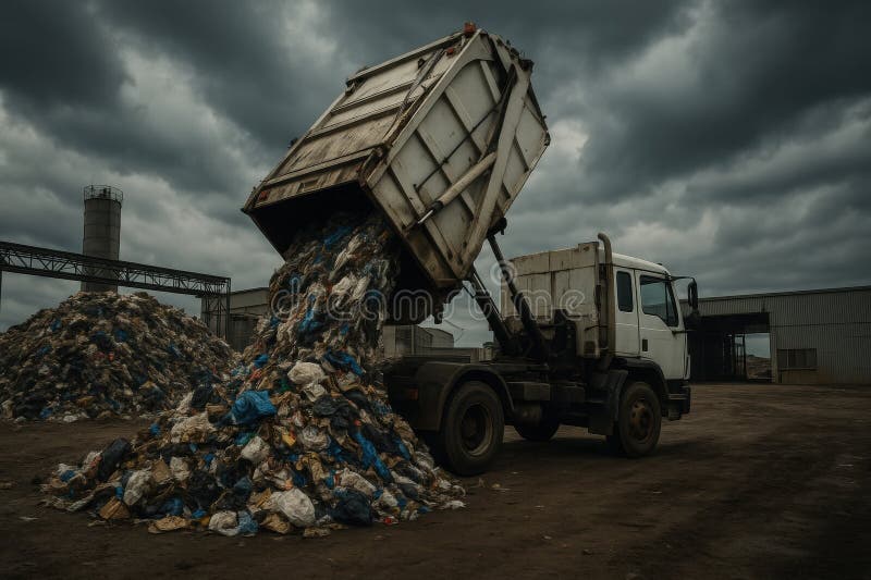 Garbage Truck Unloads Waste at a Landfill Site Under Overcast Skies ...