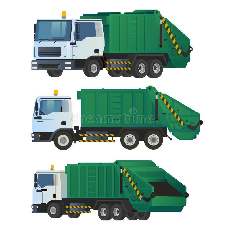 Garbage Truck Front, Side, and Back View Vector Illustration Stock ...