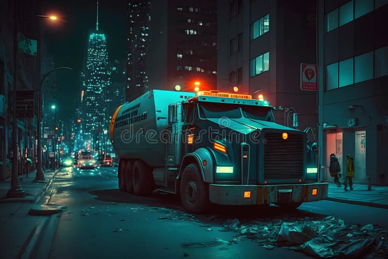 Garbage Truck in the Night City. Neural Network AI Generated Stock ... Garbage Truck in the Night City. Neural Network AI Generated Stock ...