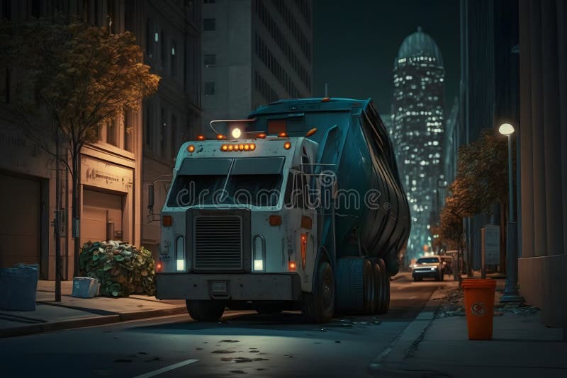 Garbage Truck in the Night City. Neural Network AI Generated Stock ...
