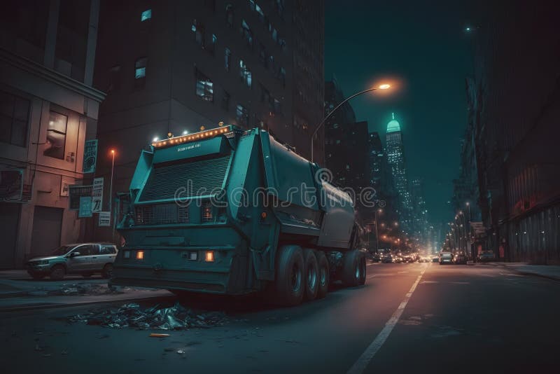 Garbage Truck in the Night City. Neural Network AI Generated Stock ...