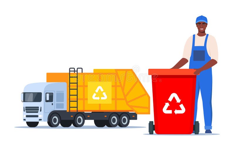 Garbage Truck and Sanitation Worker. Garbage Man in Uniform with Trash ...