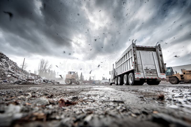 Garbage Truck Unloading Debris at Industrial Site Under Dramatic Cloudy ...