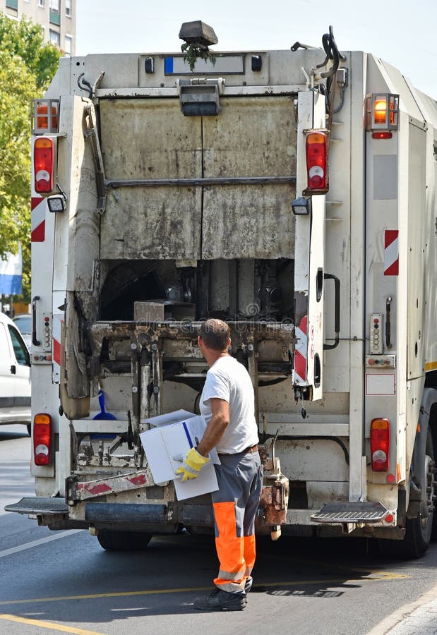 Garbage Truck Picking Up Trash Editorial Stock Image - Image of city ...