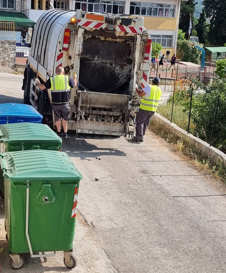 Garbage Truck Workers Collecting Rubbish Cans Stock Image - Image of ...