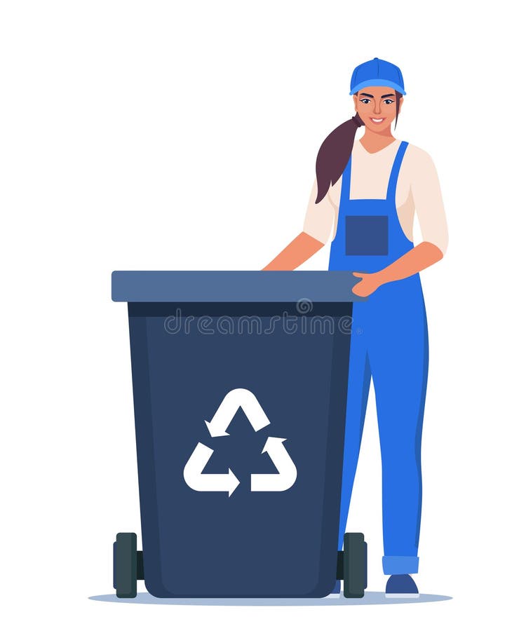 Garbage Woman in Uniform with Trash Bin and Recycling Symbol on it ...