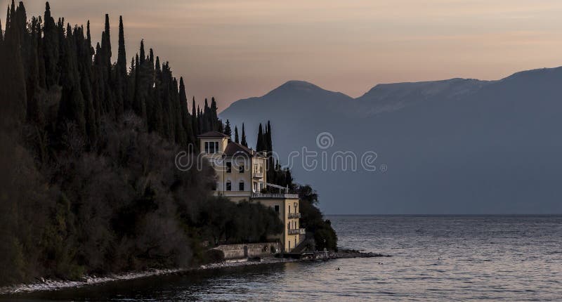 Garda Lake Sunset with Castle in the Background Stock Image - Image of ...