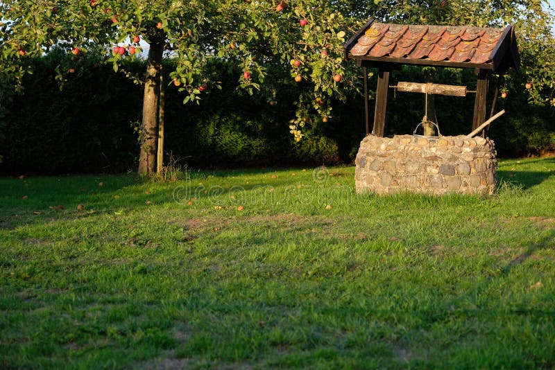 Garden with Apple Tree and a Water Well Stock Image - Image of ancient ...