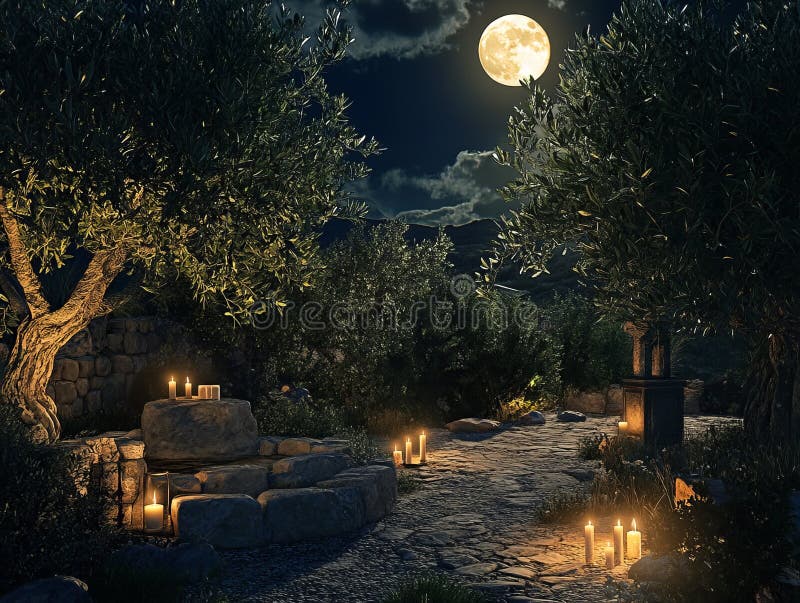 Moonlit Garden of Olive Trees Illuminated by Gentle Candlelight ...