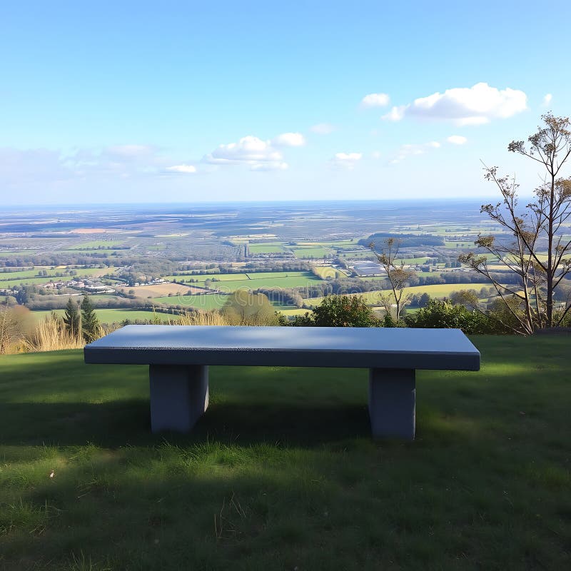 A Garden Bench Made of Smooth Gray Stone Situated on a Grassy Hill with ...