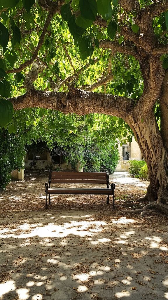 Garden Bench Under a Large Tree with Shade. Stock Photo - Image of lawn ...