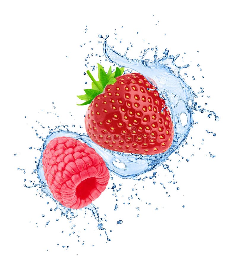 Garden Berries: Strawberry and Raspberry in Water Splashes Isolated on ...