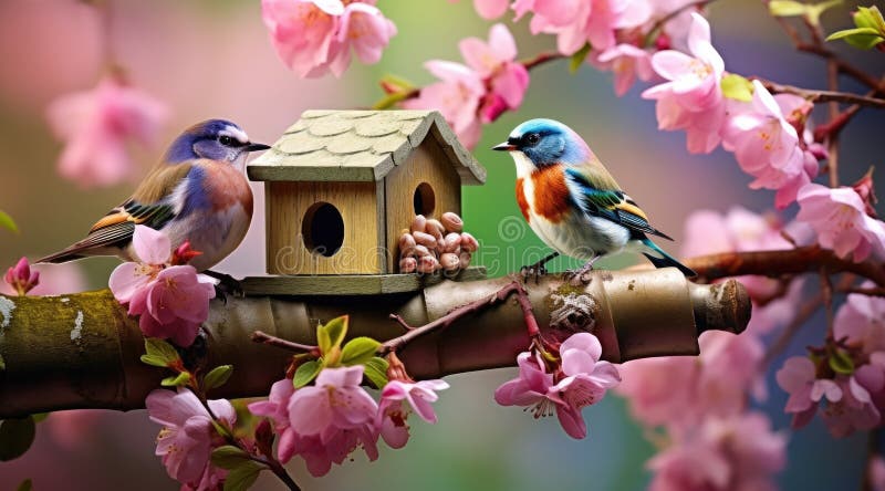 Garden Birds on the Branch with Spring Flowers Stock Illustration ...