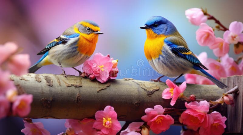 Garden Birds on the Branch with Spring Flowers Stock Illustration ...