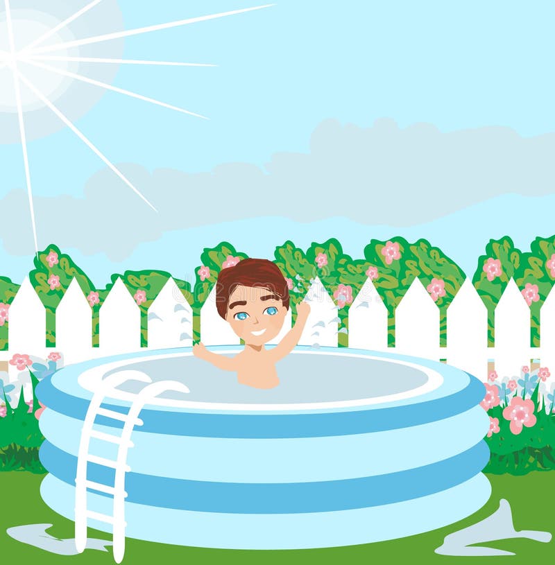 Garden with boy in pool stock vector. Illustration of baby - 116631419