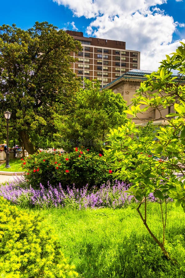 Garden and Buildings in Mount Vernon, Baltimore, Maryland. Stock Photo ...