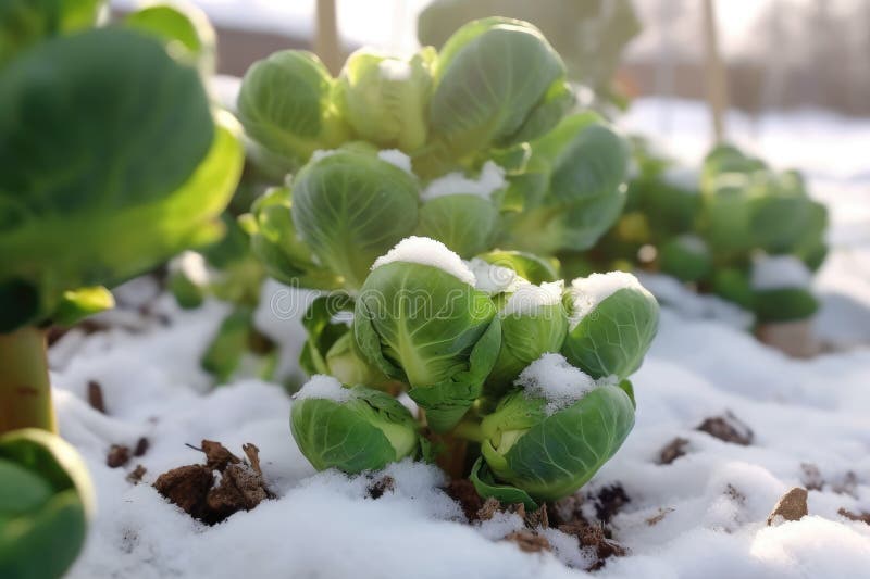 Garden with Cabbage Heads Under Snow Cover. Generative AI Stock Photo ...