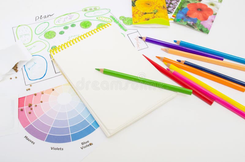 Landscape Design and Notebook with Colored Pencils. Garden Planning for ...