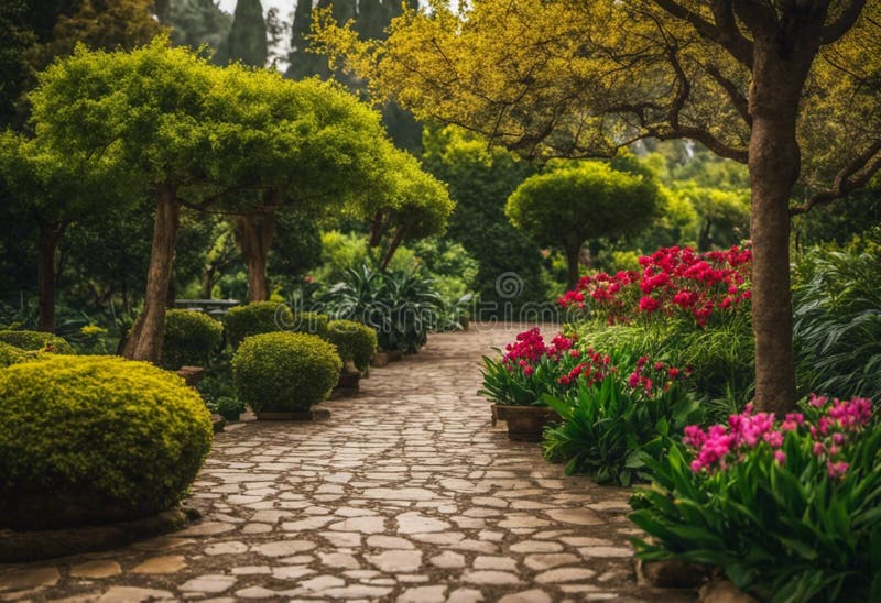 A Garden with Different Plants and Trees on Each Side of the Path Stock ...