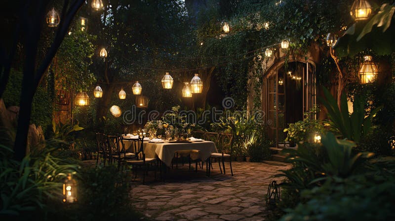 Garden Dinner with Lanterns and Greenery Under Soft Lighting.. Stock ...