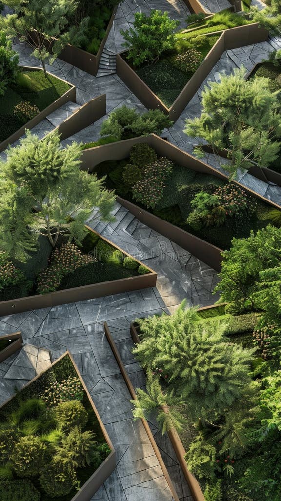 A Garden Divided into Different Sections by Intersecting Pathways in ...