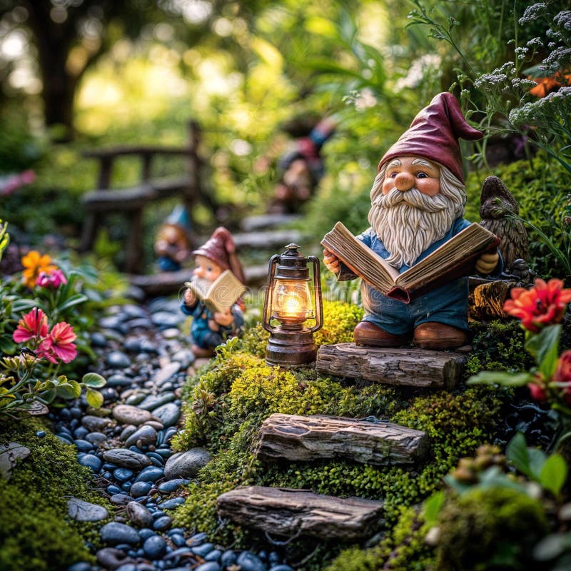 Garden Dwarfs and Lanterns Decorating an Enchanted Garden Stock ...
