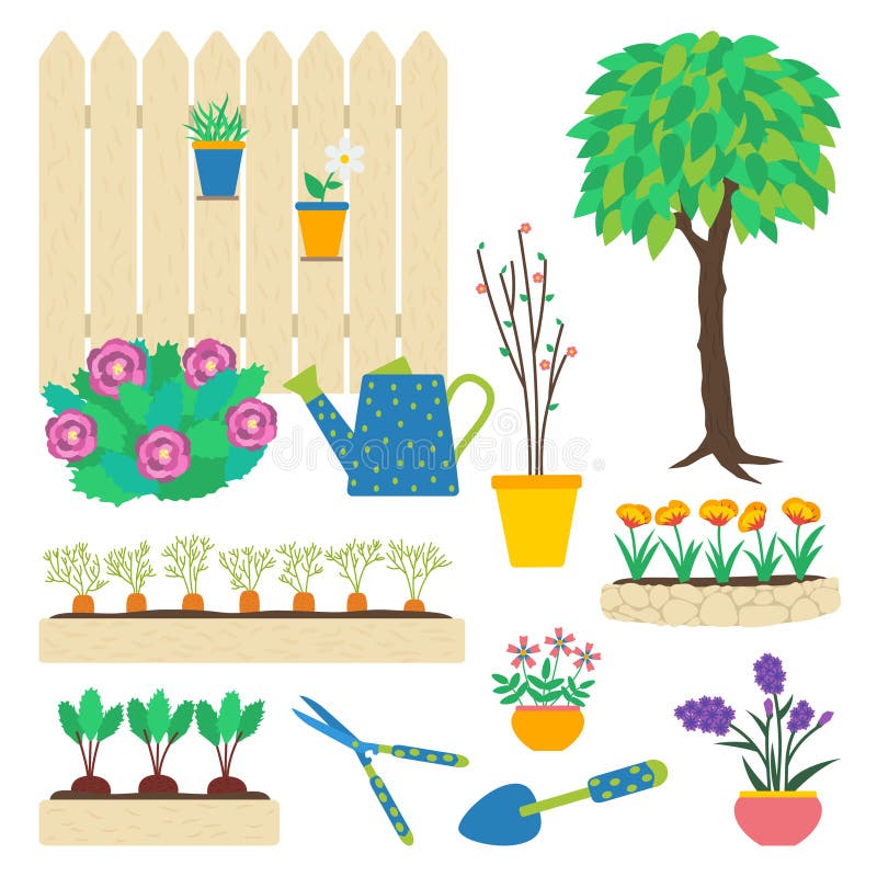Garden elements set stock vector. Illustration of plants - 80104755