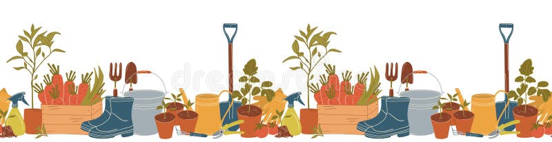 Garden Essentials Horizontal Vector Border Stock Vector - Illustration ...