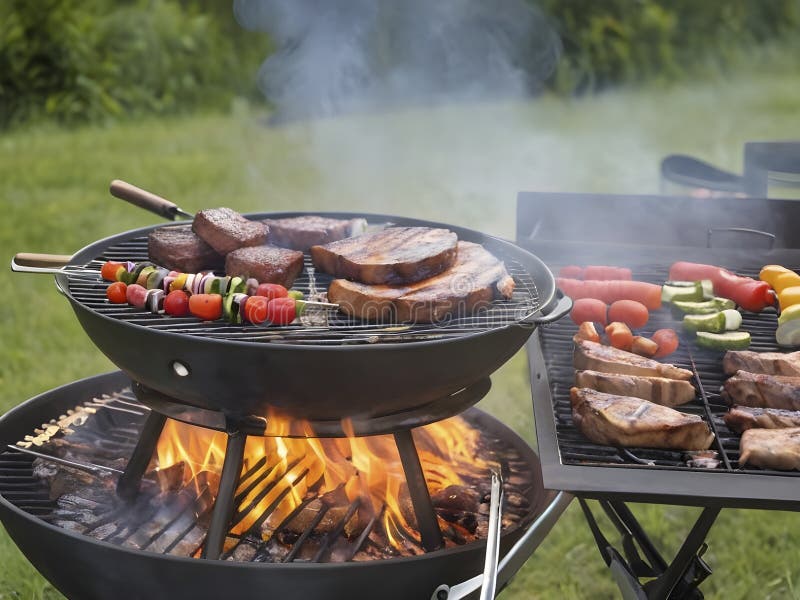 Garden Feast. Roasting Skewered Meat Over a Flame at a Barbecue. Stock ...
